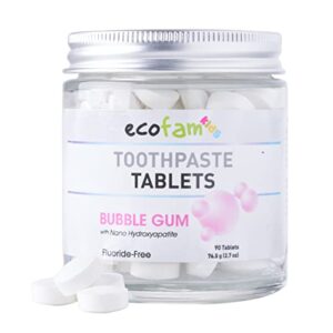 ecofam kids toothpaste chewable tablets - 90 natural xylitol tabs - zero waste glass jar - travel friendly - fluoride-free -with nano hydroxyapatite -vegan - made in the usa (bubble gum)