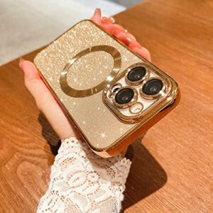 MGQILING Compatible with iPhone 13 Pro Magnetic Glitter Case, Luxury Plating Cute Bling Clear Phone Case, Compatible with MagSafe for Women Girls with Camera Protector Back Cover - Gold