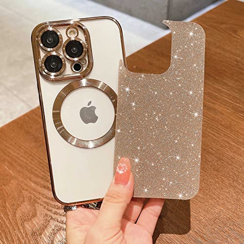 MGQILING Compatible with iPhone 13 Pro Magnetic Glitter Case, Luxury Plating Cute Bling Clear Phone Case, Compatible with MagSafe for Women Girls with Camera Protector Back Cover - Gold