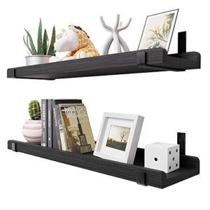 pine natural wood floating shelves with lip, 24 inches long reclaimed wood floating shelves for wall storage, set of 2 diy u-shaped wooden floating shelf for living room, bedroom, kitchen, black.