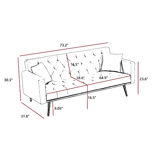 NEWTIK Velvet Futon Sofa Bed, Convertable Sleeper Couth with 4 Metal Legs, 2 Pillows, Modern Reclining Couch Bed for Bedroom, Living Room, Apartment, Compact Small Space (White)