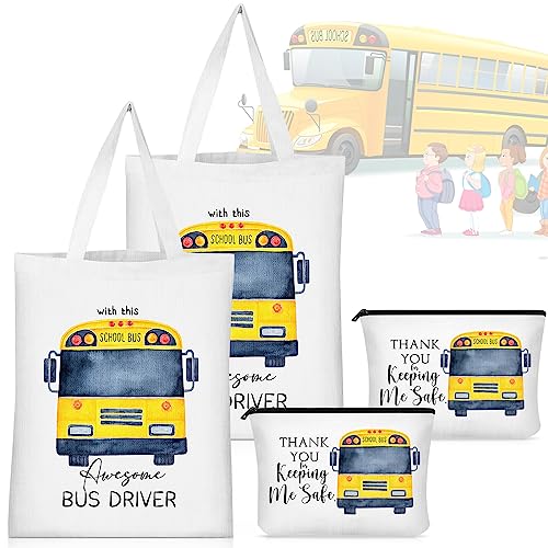 Unittype 4 Pieces Bus Driver Gift Bus Driver Appreciation Gifts Tote Bag Make up Bag Bus Driver Cosmetics Bag for Women Bus Driver