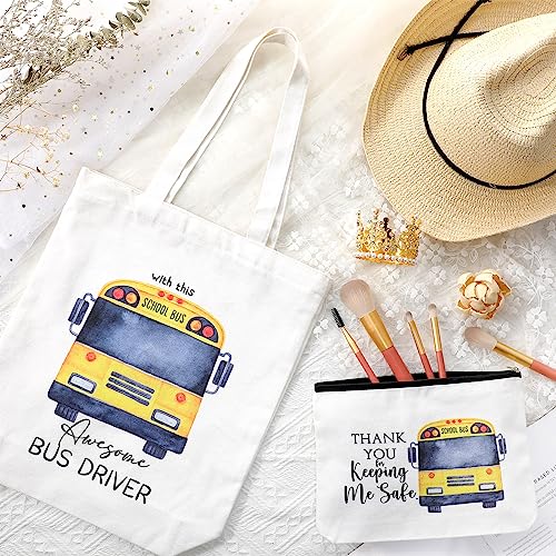 Unittype 4 Pieces Bus Driver Gift Bus Driver Appreciation Gifts Tote Bag Make up Bag Bus Driver Cosmetics Bag for Women Bus Driver