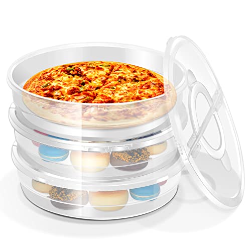 3 Pcs 12 Inch Food Storage Container with Lid and Handle, 2 Compartments Pie Carrier Round Pizza Holder Reusable Pizza Keeper for Egg Cheese Tortilla Pastry Cakes Desserts