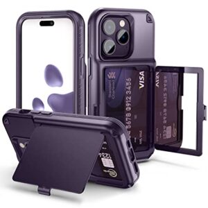 WeLoveCase iPhone 14 Pro Case for Women, Men Defender Credit Card Holder Cover with Hidden Mirror, Three Layer Shockproof Heavy Duty Protection Case for iPhone 14 Pro 6.1'' Deep Purple