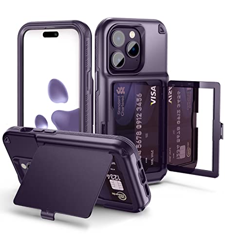 WeLoveCase iPhone 14 Pro Case for Women, Men Defender Credit Card Holder Cover with Hidden Mirror, Three Layer Shockproof Heavy Duty Protection Case for iPhone 14 Pro 6.1'' Deep Purple