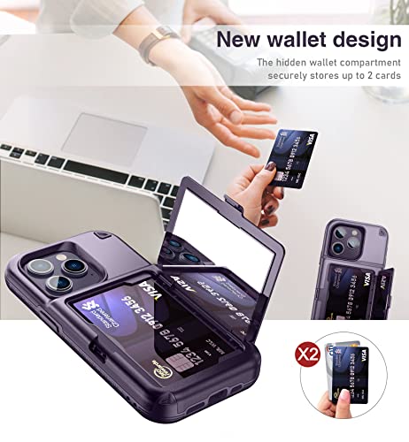 WeLoveCase iPhone 14 Pro Case for Women, Men Defender Credit Card Holder Cover with Hidden Mirror, Three Layer Shockproof Heavy Duty Protection Case for iPhone 14 Pro 6.1'' Deep Purple