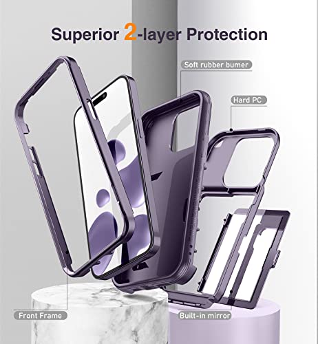 WeLoveCase iPhone 14 Pro Case for Women, Men Defender Credit Card Holder Cover with Hidden Mirror, Three Layer Shockproof Heavy Duty Protection Case for iPhone 14 Pro 6.1'' Deep Purple