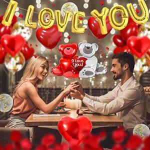 Anniversary Decorations, I Love You Balloons and Heart Balloons Kit with 1000pcs Artificial Rose Petals and 4Pack Red Heart Garland for Valentine Day Romantic Special Night Anniversary Decorations