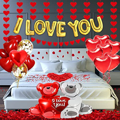 Anniversary Decorations, I Love You Balloons and Heart Balloons Kit with 1000pcs Artificial Rose Petals and 4Pack Red Heart Garland for Valentine Day Romantic Special Night Anniversary Decorations