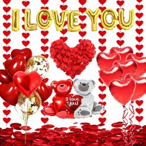 Anniversary Decorations, I Love You Balloons and Heart Balloons Kit with 1000pcs Artificial Rose Petals and 4Pack Red Heart Garland for Valentine Day Romantic Special Night Anniversary Decorations