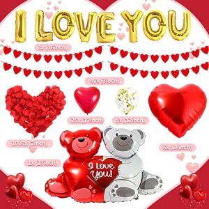 Anniversary Decorations, I Love You Balloons and Heart Balloons Kit with 1000pcs Artificial Rose Petals and 4Pack Red Heart Garland for Valentine Day Romantic Special Night Anniversary Decorations