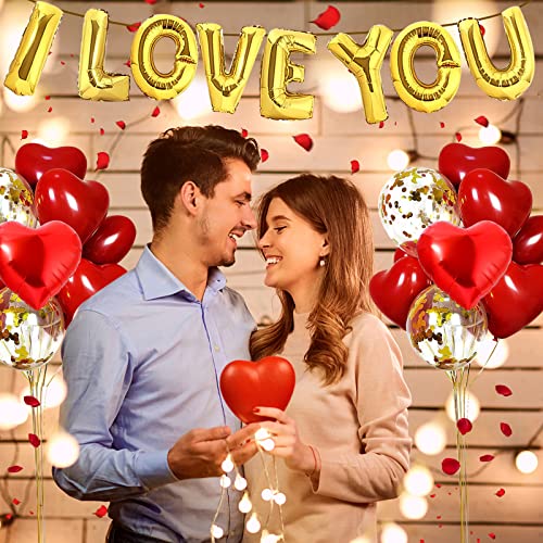 Anniversary Decorations, I Love You Balloons and Heart Balloons Kit with 1000pcs Artificial Rose Petals and 4Pack Red Heart Garland for Valentine Day Romantic Special Night Anniversary Decorations