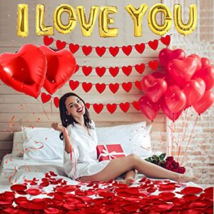 Anniversary Decorations, I Love You Balloons and Heart Balloons Kit with 1000pcs Artificial Rose Petals and 4Pack Red Heart Garland for Valentine Day Romantic Special Night Anniversary Decorations