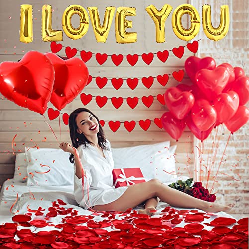 Anniversary Decorations, I Love You Balloons and Heart Balloons Kit with 1000pcs Artificial Rose Petals and 4Pack Red Heart Garland for Valentine Day Romantic Special Night Anniversary Decorations