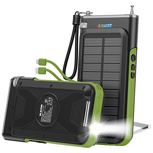 BLAVOR Solar Power Bank with FM Radio,Portable Wireless Charger 20000mAh External Battery Pack 15W QC 3.0 Fast Charging,Bright Flashlight, Compatible with Smartphones and All USB Devices (Green)