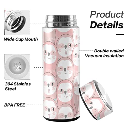 CaTaKu Pink Cute Sloth Animal Water Bottle Insulated 16 oz Stainless Steel Flask Thermos Bottle for Coffee Water Drink Reusable Wide Mouth Vacuum Travel Mug Cup