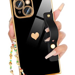 Petitian for iPhone 13 Square Case Loopy Stand/Strap, Luxury Cute Women Girls Heart Electroplated Designer Squared Edge Phone Cases for 13, Black