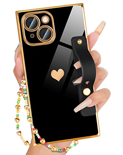 Petitian for iPhone 13 Square Case Loopy Stand/Strap, Luxury Cute Women Girls Heart Electroplated Designer Squared Edge Phone Cases for 13, Black