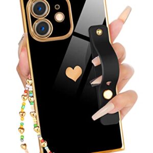 Petitian for iPhone 12 Square Case Loopy Stand/Strap, Luxury Cute Women Girls Heart Electroplated Designer Squared Edge Phone Cases for 12, Black