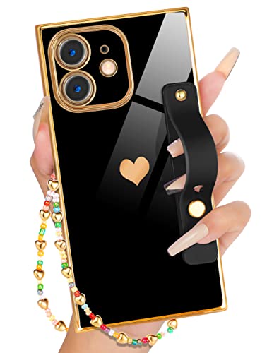 Petitian for iPhone 12 Square Case Loopy Stand/Strap, Luxury Cute Women Girls Heart Electroplated Designer Squared Edge Phone Cases for 12, Black