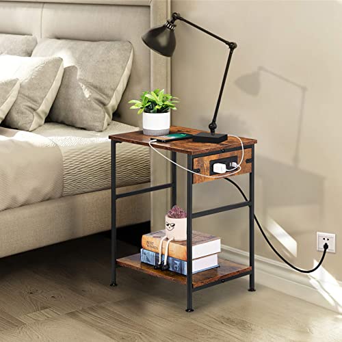 SEHERTIWY Nightstands Set of 2 with Charging Station, End Tables Living Room Set of 2 with USB Ports and Power Outlets, Nightstand Charger Station, 2-Tier Side Table for Bedroom Living Room