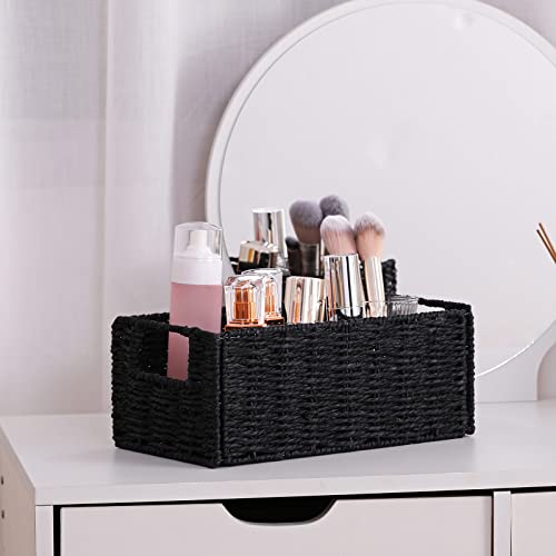 Small Wicker Storage Baskets, Vagusicc Hand-Woven Paper Rope Storage Organizer Baskets Bins (Set of 2), Toilet Paper Small Wicker Baskets with Handles for Organizing Toilet Shelves Pantry, Black