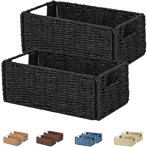 Small Wicker Storage Baskets, Vagusicc Hand-Woven Paper Rope Storage Organizer Baskets Bins (Set of 2), Toilet Paper Small Wicker Baskets with Handles for Organizing Toilet Shelves Pantry, Black