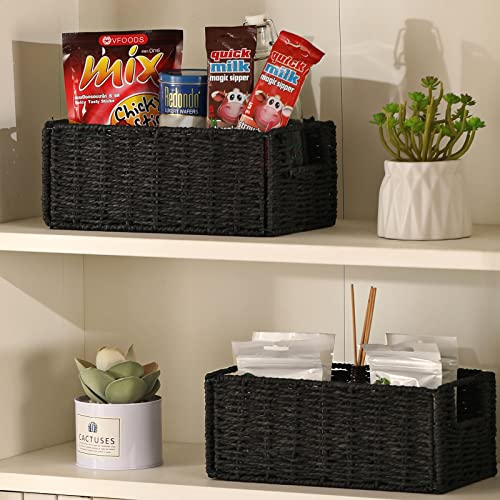 Small Wicker Storage Baskets, Vagusicc Hand-Woven Paper Rope Storage Organizer Baskets Bins (Set of 2), Toilet Paper Small Wicker Baskets with Handles for Organizing Toilet Shelves Pantry, Black