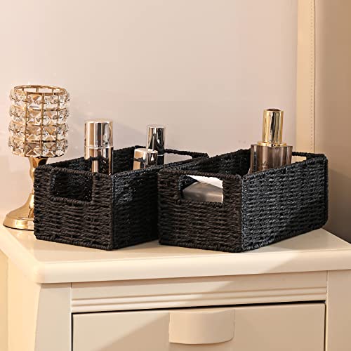 Small Wicker Storage Baskets, Vagusicc Hand-Woven Paper Rope Storage Organizer Baskets Bins (Set of 2), Toilet Paper Small Wicker Baskets with Handles for Organizing Toilet Shelves Pantry, Black