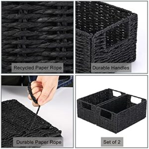 Small Wicker Storage Baskets, Vagusicc Hand-Woven Paper Rope Storage Organizer Baskets Bins (Set of 2), Toilet Paper Small Wicker Baskets with Handles for Organizing Toilet Shelves Pantry, Black