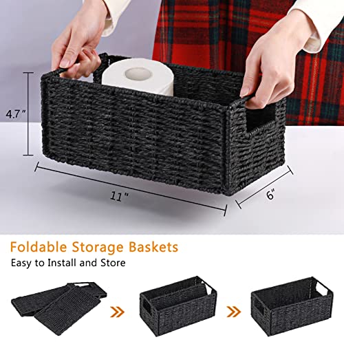 Small Wicker Storage Baskets, Vagusicc Hand-Woven Paper Rope Storage Organizer Baskets Bins (Set of 2), Toilet Paper Small Wicker Baskets with Handles for Organizing Toilet Shelves Pantry, Black