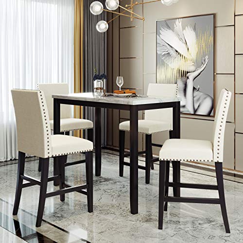 Voohek Beige 5 Piece Kitchen Dining Table Set Counter Height Faux Marble Modern Room Dinette Furniture with Matching Chairs