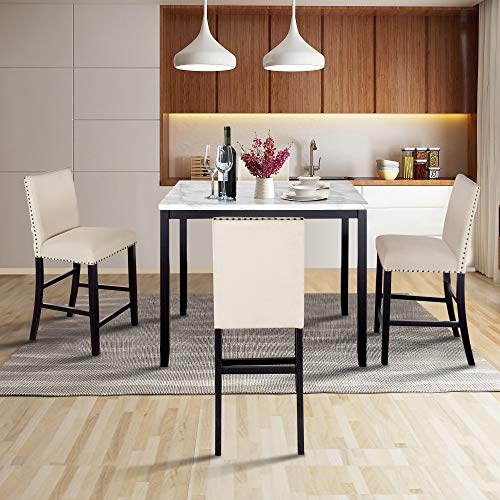 Voohek Beige 5 Piece Kitchen Dining Table Set Counter Height Faux Marble Modern Room Dinette Furniture with Matching Chairs