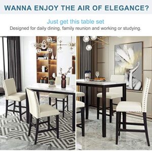 Voohek Beige 5 Piece Kitchen Dining Table Set Counter Height Faux Marble Modern Room Dinette Furniture with Matching Chairs