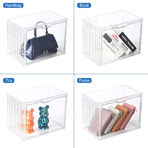 MVYAVYUS Clear Handbag Storage Organizer for Closet, Acrylic Display Case for Handbag and Purse, Plastic Stackable Storage Box With Magnetic Door for Wallet, Clutch, Books, Toys, Collectibles (4PCS)