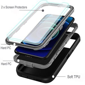 Wedall iPhone 12/12 Pro Heavy Duty Military Case, Shockproof 3-Layer Protection, 2 Screen Protectors, Black/Gray