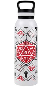 dungeons & dragons official d20 pattern 24 oz insulated canteen water bottle, leak resistant, vacuum insulated stainless steel with loop cap