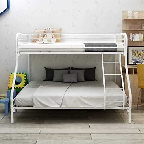 DNYN Twin Over Full Bunk Bed for Kids Bedroom,Heavy Duty Metal Bedframe with Enhanced Upper-Level Guardrail,No Box Spring Required, White