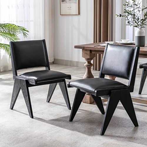 RIVOVA Mid Century Modern Dining Chairs Set of 2, Upholstered Black PU Leather Dining Room Chairs with Wood Legs, Farmhouse Kitchen Accent Armless Side Chairs with Square Backrest