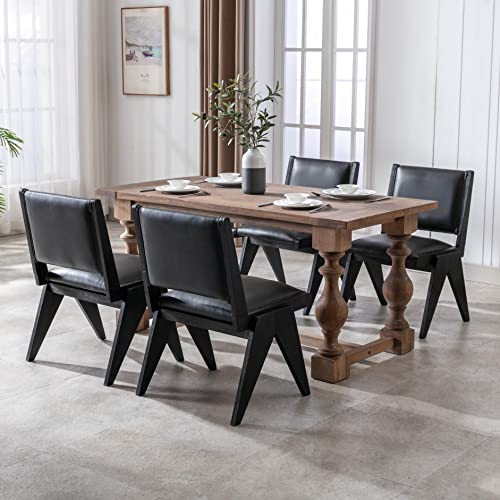 RIVOVA Mid Century Modern Dining Chairs Set of 2, Upholstered Black PU Leather Dining Room Chairs with Wood Legs, Farmhouse Kitchen Accent Armless Side Chairs with Square Backrest