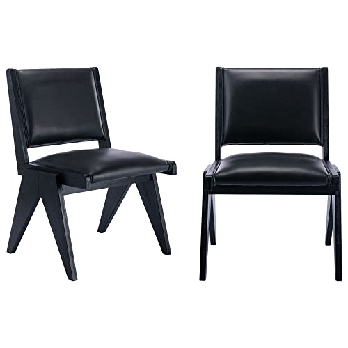 RIVOVA Mid Century Modern Dining Chairs Set of 2, Upholstered Black PU Leather Dining Room Chairs with Wood Legs, Farmhouse Kitchen Accent Armless Side Chairs with Square Backrest