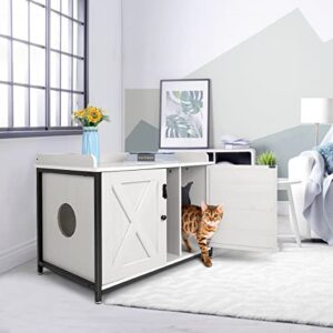 AZAMIA Cat Litter Box Furniture, Wooden Litterbox Hidden Enclosure Furniture Kitty Cat Washroom Storage Bench, Cat Litter Box Enclosures with Divider for Indoor Cat, White