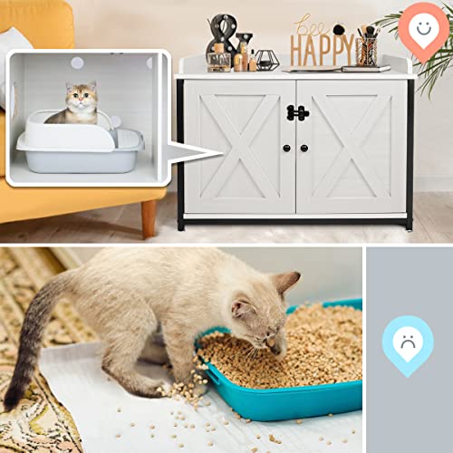 AZAMIA Cat Litter Box Furniture, Wooden Litterbox Hidden Enclosure Furniture Kitty Cat Washroom Storage Bench, Cat Litter Box Enclosures with Divider for Indoor Cat, White