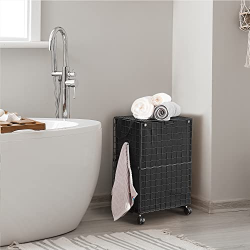 ELYKEN Laundry Hamper with Lid and Wheels, Sturdy Metal Wire Frame Rolling Dirty Clothes Basket for Bathroom, 61L Capacity Liner Bag with Handle, Heavy Duty Steel Covered Bedroom Organizer, Black