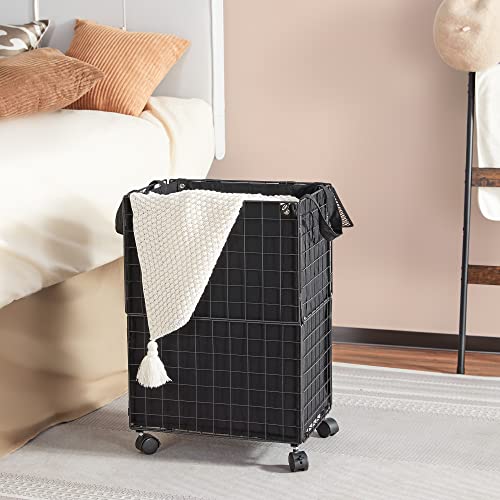 ELYKEN Laundry Hamper with Lid and Wheels, Sturdy Metal Wire Frame Rolling Dirty Clothes Basket for Bathroom, 61L Capacity Liner Bag with Handle, Heavy Duty Steel Covered Bedroom Organizer, Black