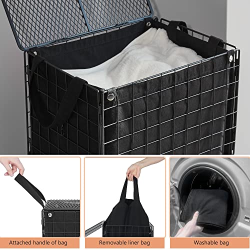 ELYKEN Laundry Hamper with Lid and Wheels, Sturdy Metal Wire Frame Rolling Dirty Clothes Basket for Bathroom, 61L Capacity Liner Bag with Handle, Heavy Duty Steel Covered Bedroom Organizer, Black