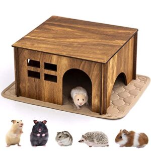 guinea pig hideout and house with liners, easter guinea pig accessories 2 doors & bottomless wooden hut with washable pee pad warm room retro habitat enclousure for hamster chinchilla guinea pigs