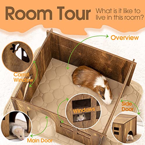 Guinea Pig Hideout and House with Liners, Easter Guinea Pig Accessories 2 Doors & Bottomless Wooden Hut with Washable Pee Pad Warm Room Retro Habitat Enclousure for Hamster Chinchilla Guinea Pigs