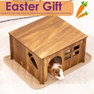 Guinea Pig Hideout and House with Liners, Easter Guinea Pig Accessories 2 Doors & Bottomless Wooden Hut with Washable Pee Pad Warm Room Retro Habitat Enclousure for Hamster Chinchilla Guinea Pigs